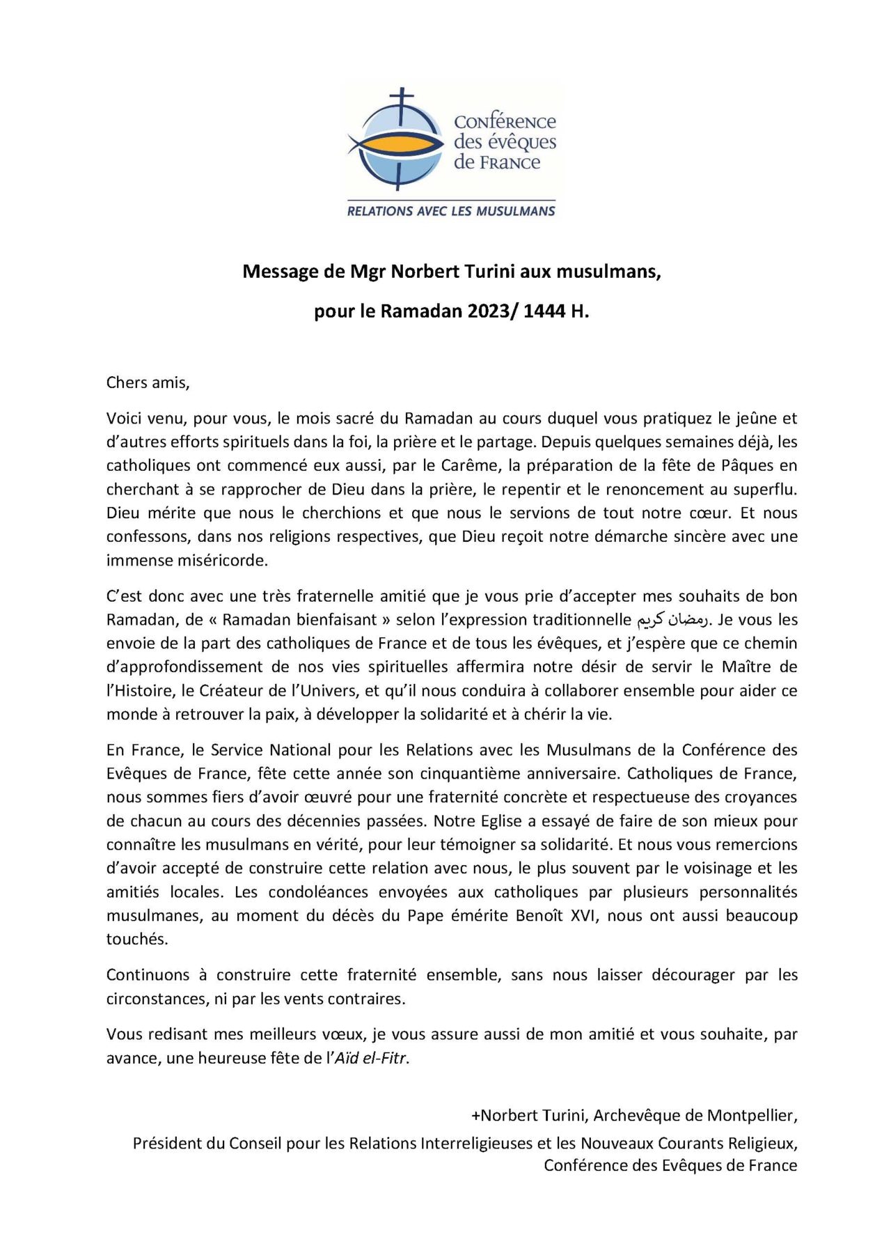Message de Mgr Norbert Turini aux musulmans - Diocèse de Montpellier